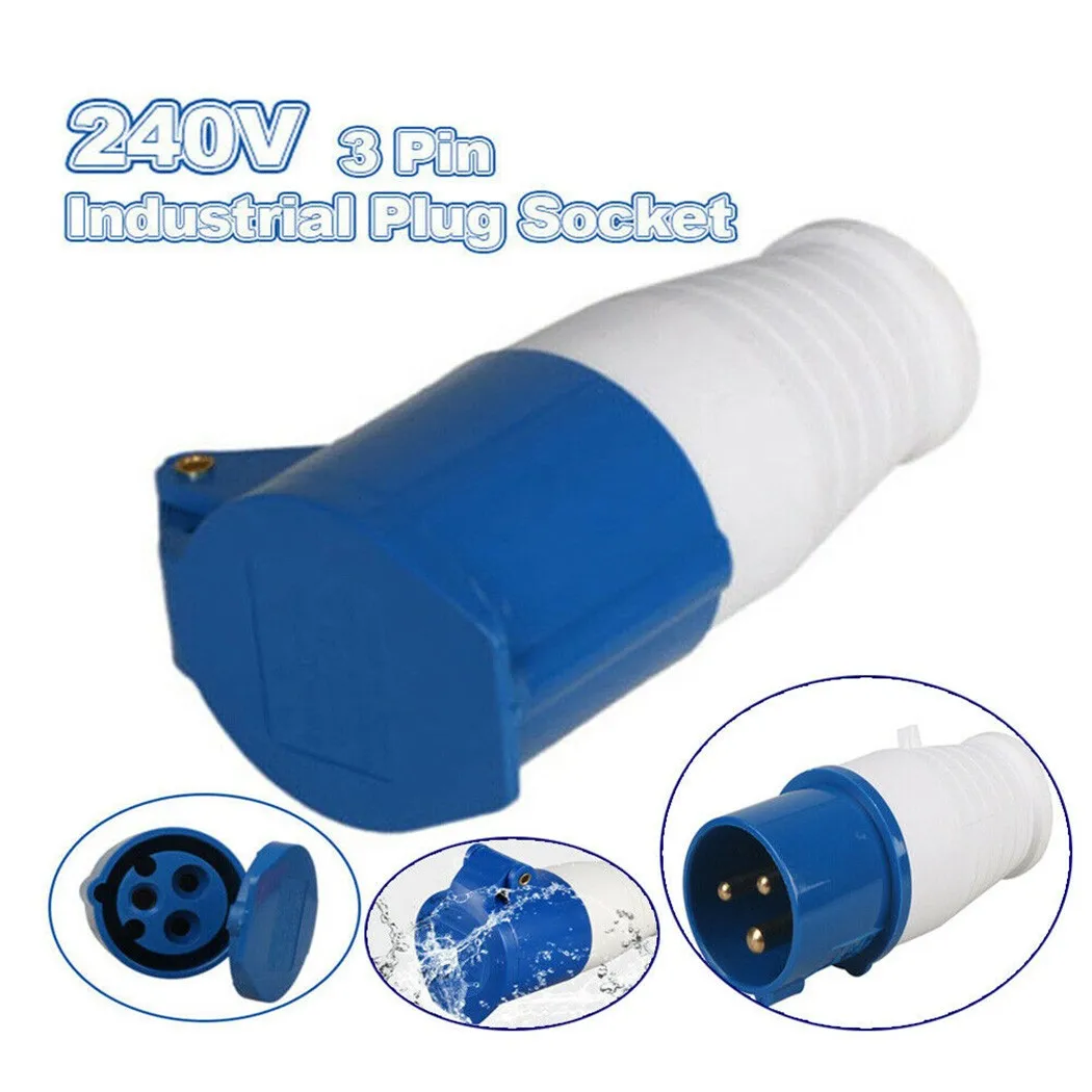 240V 16A 3 Pin Blue Industrial Waterproof Plugs& Socket Male/Female ...