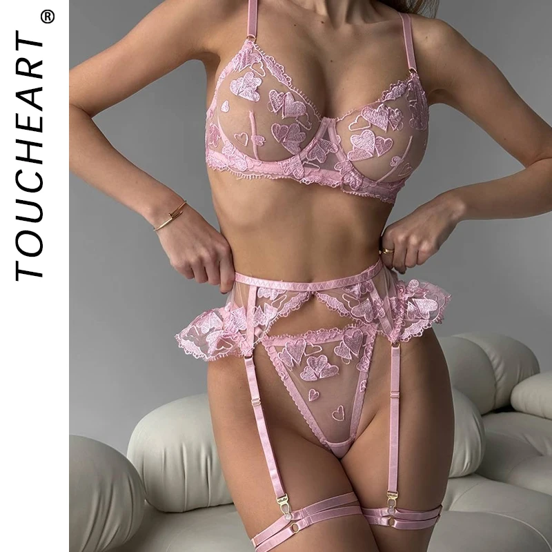 Toucheart 4 Piece Set Sexy Embroidery Underwear Set Women Solid Color