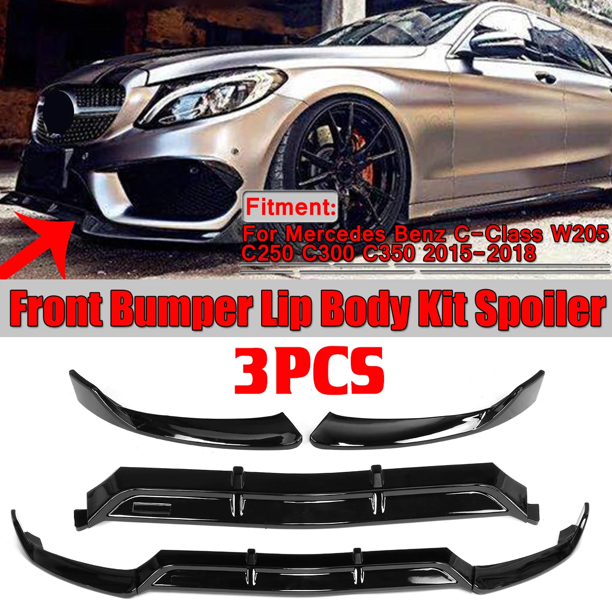 W205 Car Front Bumper Spoiler Lip Body Kit Splitter For Mercedes-Benz C ...