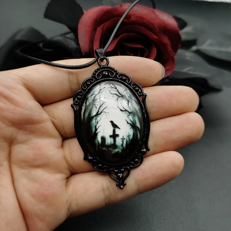 Gothic-Crow-Forest-Charm-Necklace-Cross-Crow-Pendant-Necklace-Mystic ...