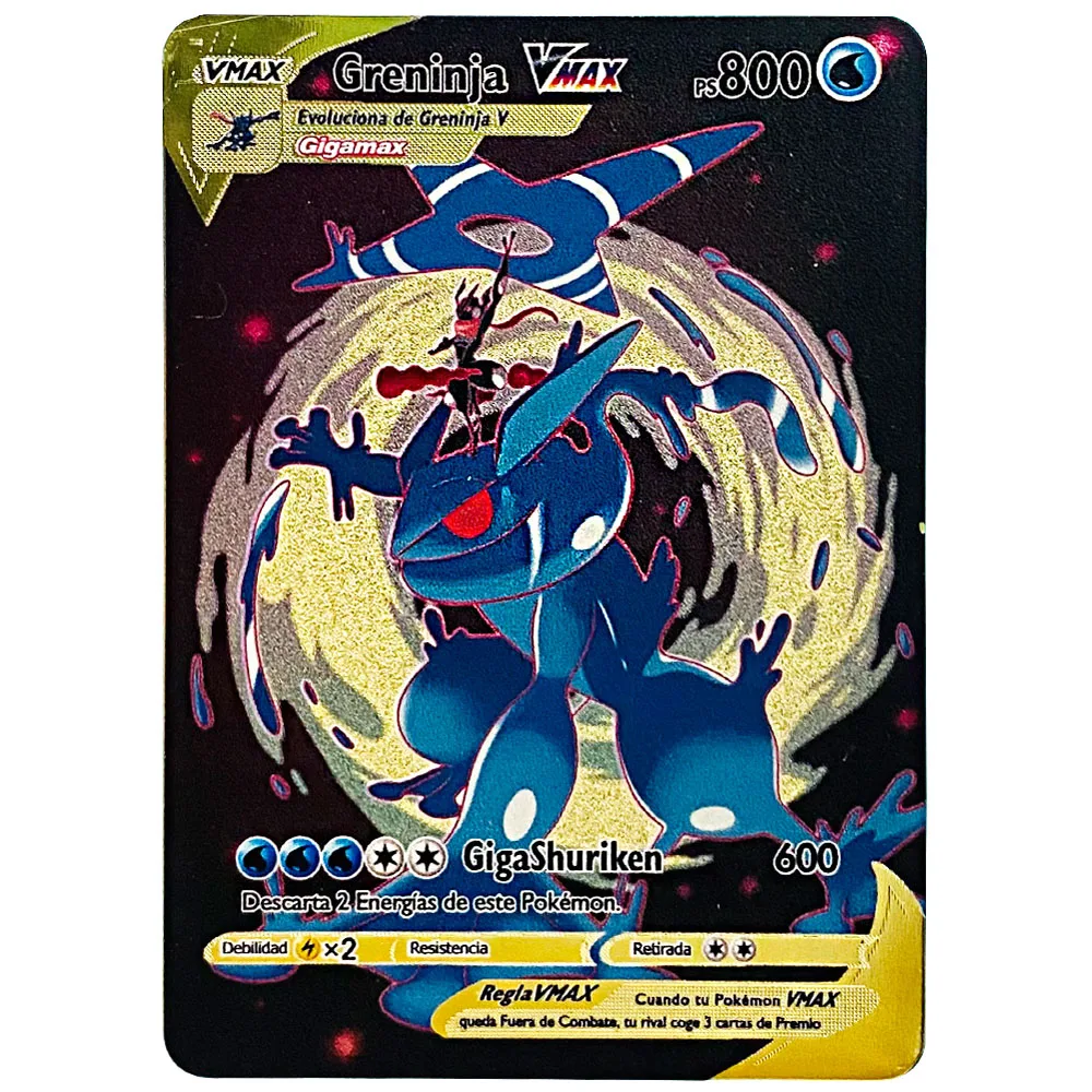 Greninja 25 번째 스페인어 포켓몬 금속 카드 V Vmax 오리지널 피카츄 리자몽 우산 골드 게임 컬렉션 카드 선물 ...