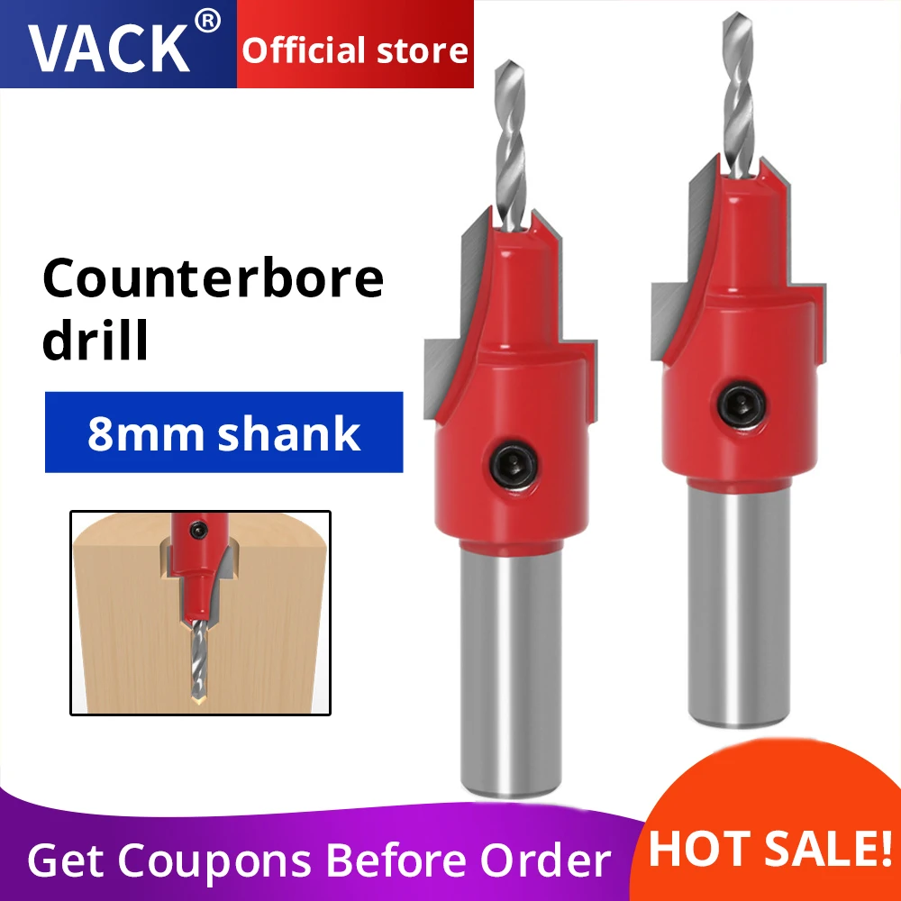 VACK 8mm Shank HSS Woodworking Core Drill Bits Wood Countersink Router ...