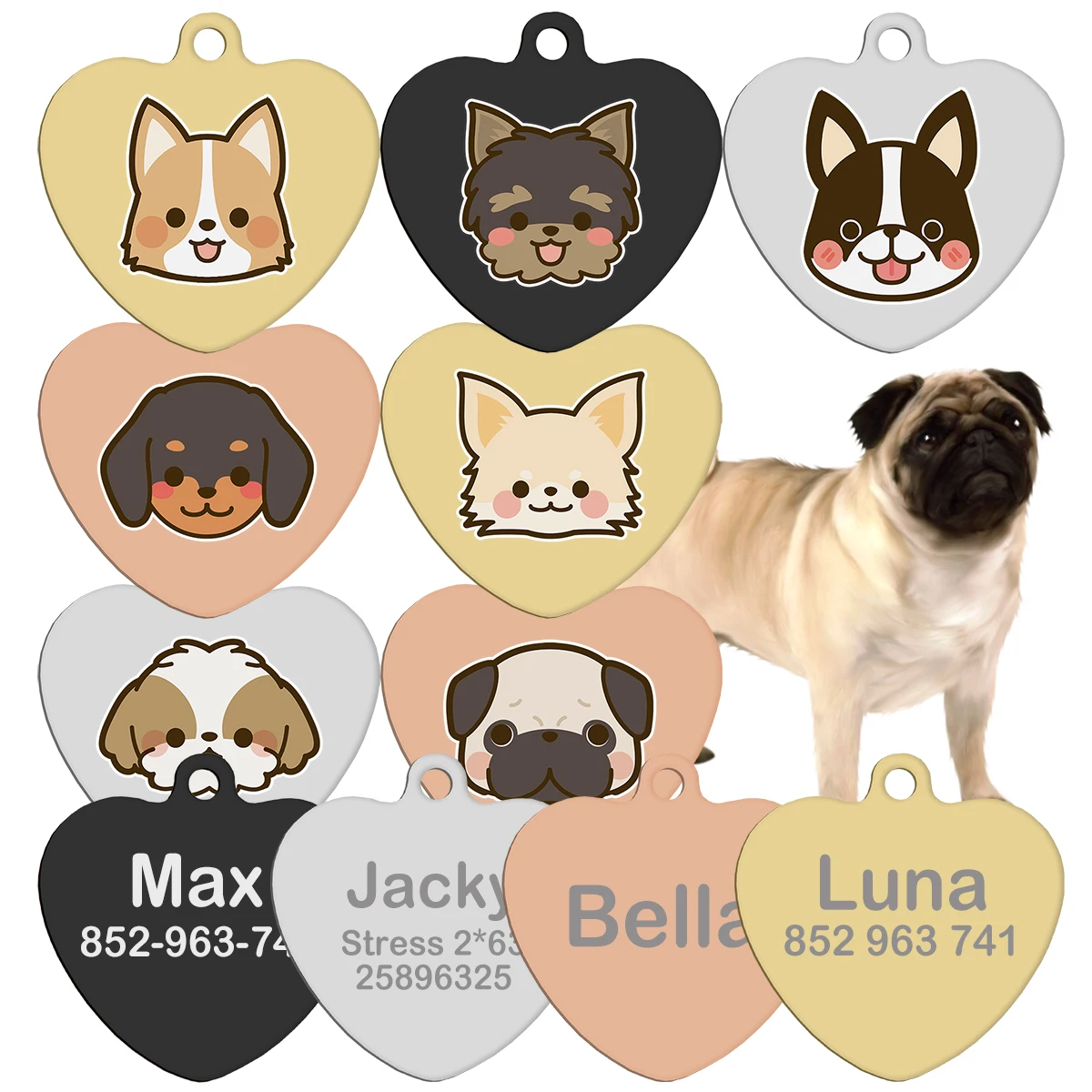 Cute Dog Name Tag with Pet Stickers Pattern Customized Name ID ...