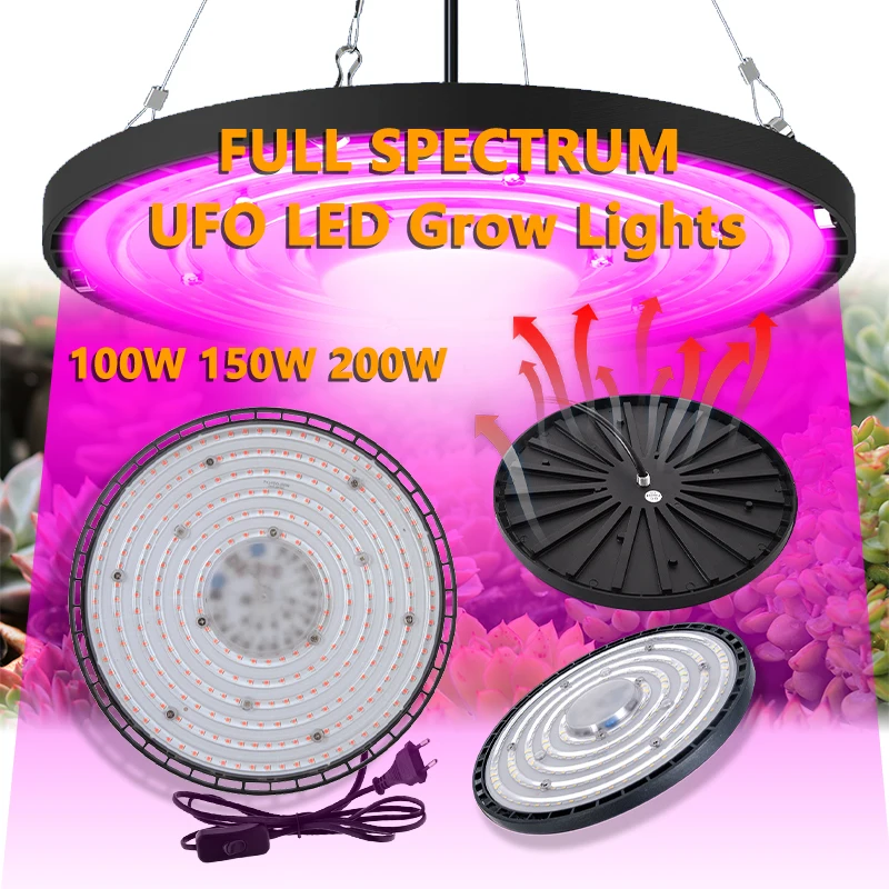 LED Grow Light UFO Full Spectrum Pink/Sunshine/100W 150 200W/AC165~265V ...