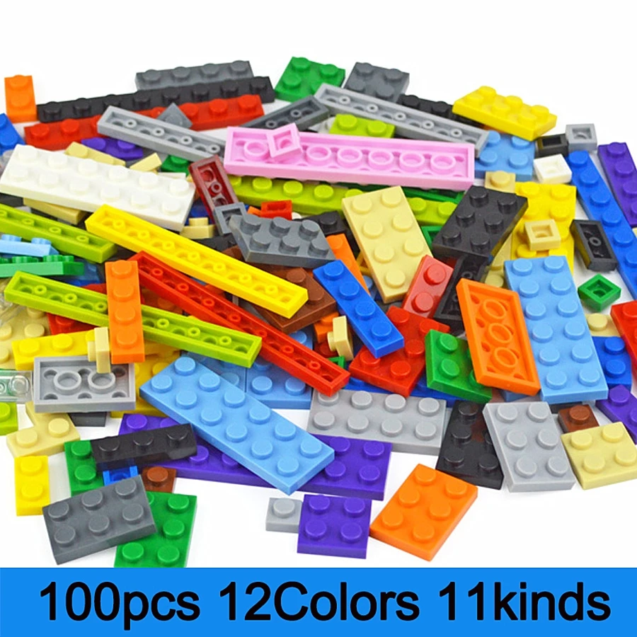 15 Color Building Blocks 100pcs Bulk Parts Thin Bricks 11 Size Mixed ...