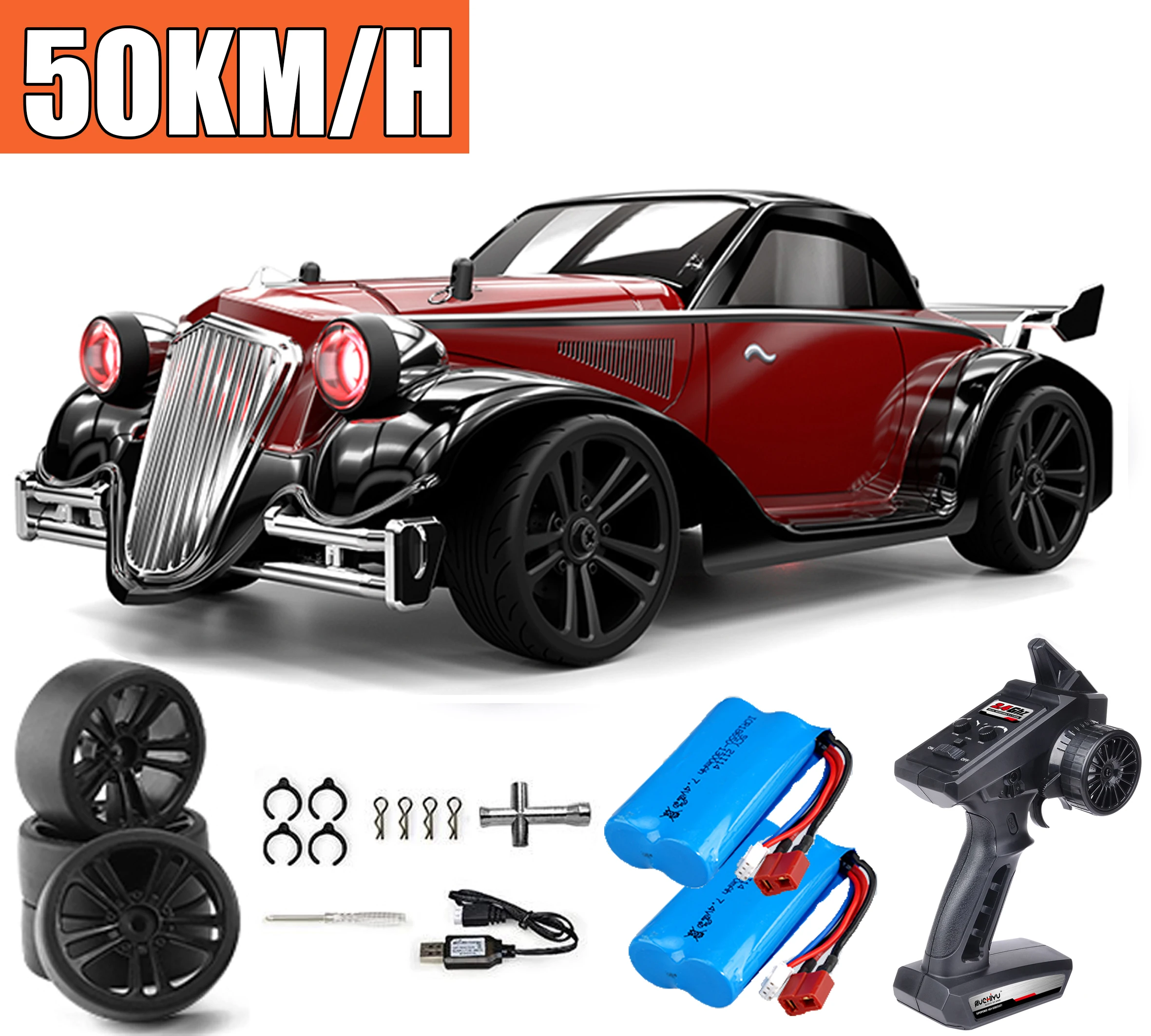Classic Vintage Car 50km/h High Speed LED Headlights 4WD Rc Drift Car 1 ...