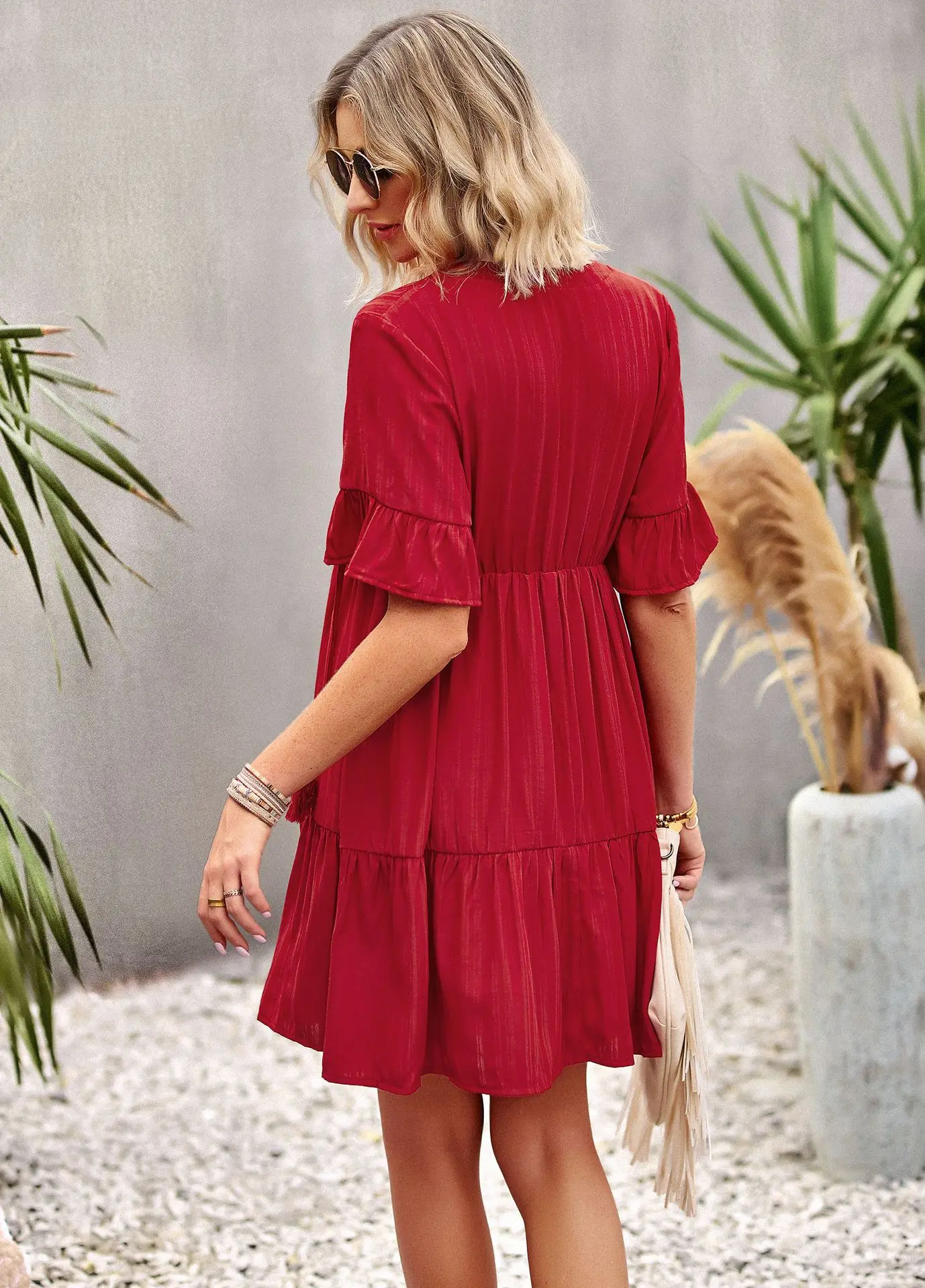 Women Fashion Solid Color Boho Swing Casual Dress