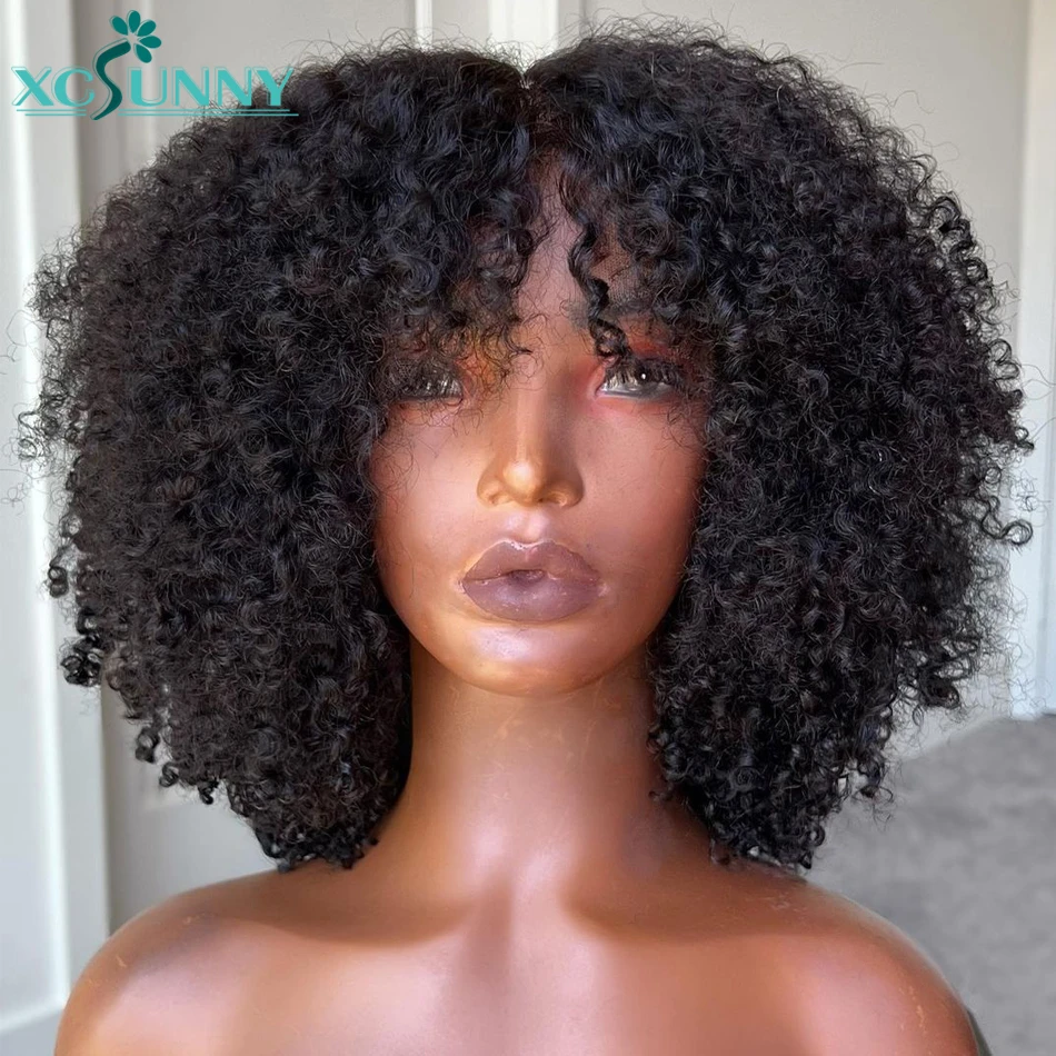 Kinky Curly Human Hair Wig Bangs | Kinky Curly Wigs Full Machine - Kinky Curly Bang - Aliexpress