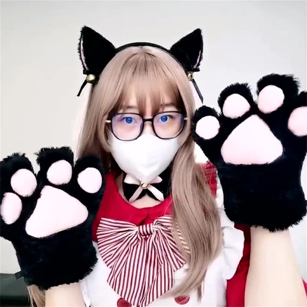 Women Cute Plush Cat Claw Paw Gloves For Girl Novelty Winter Warm ...