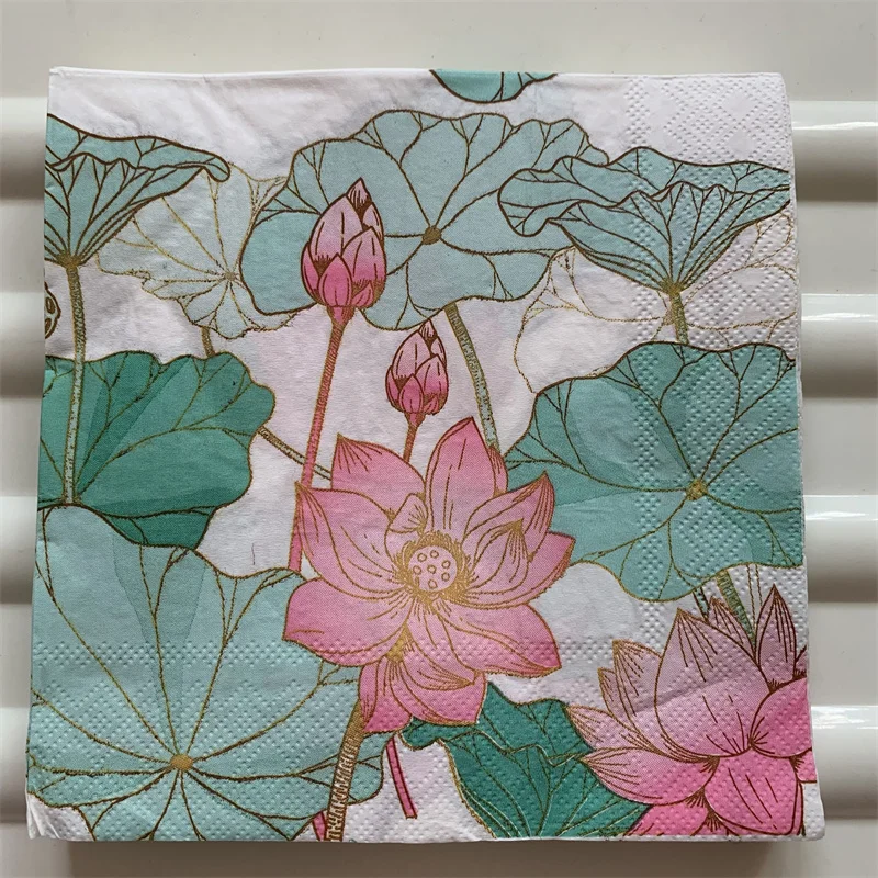 20 vintage table napkin paper tissue decoupage green pink Lotus flower ...