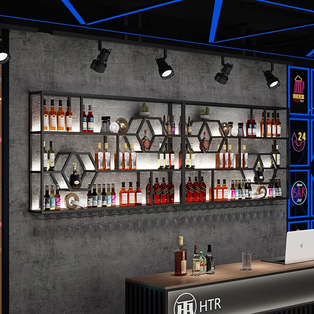 Iron Frame Industrial Bar Cabinet Wall Mount Black Storage Luxury ...