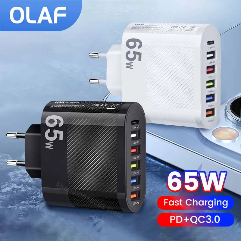 65W Fast Charger 6 Ports EU US UK Plug Fast Charge PD USB Charger ...