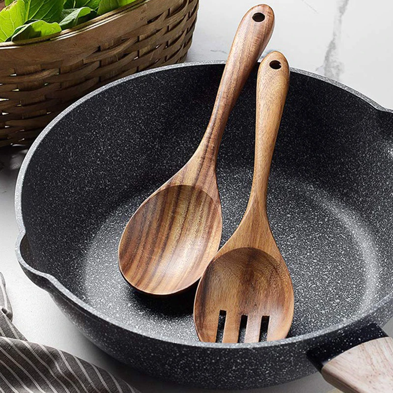 2Pcs Wooden Salad Spoon Set Large Salad Serving Spoon Fork Wood Kitchen ...