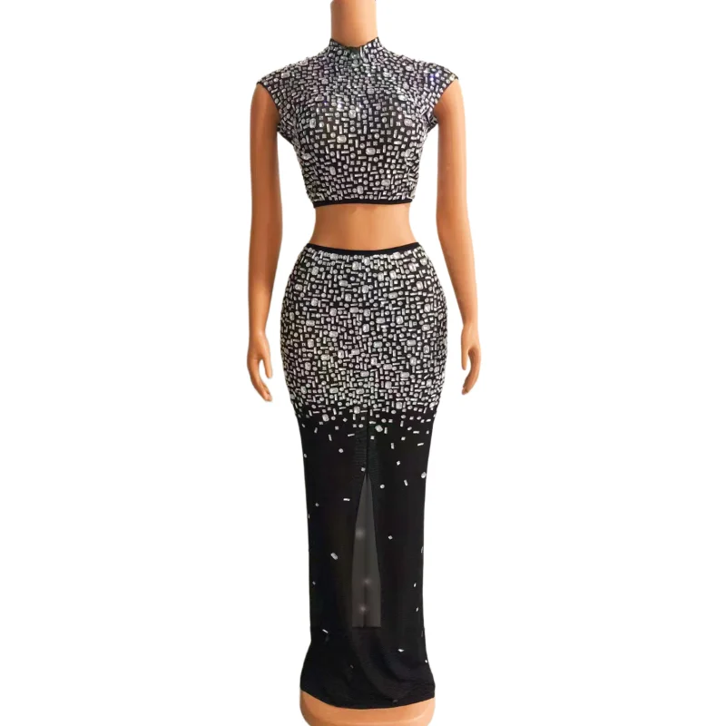 Silver Rhinestones Black Mesh Top Skirt Sexy Dance Wear Bar Dancer Show ...