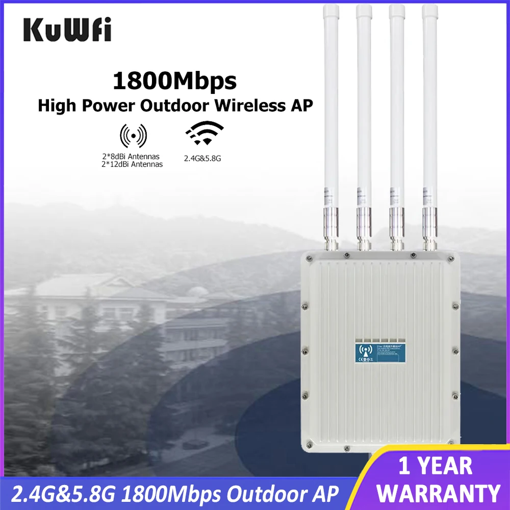 KuWFi 야외 무선 AP 2.4G 및 5.8G 와이파이 커버리지 신호 부스터, 기가비트 RJ45 액세스 포인트 기지국 160 + 사용자, 1800Mbps