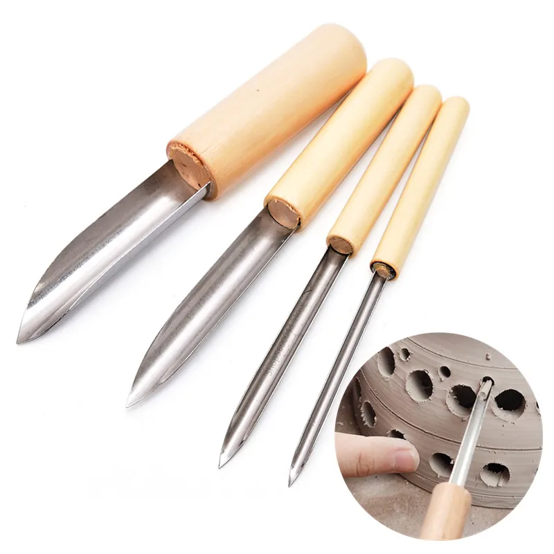 Pottery Tool Puncher 4 Pieces/set Stainless Steel Head Wooden Handle ...