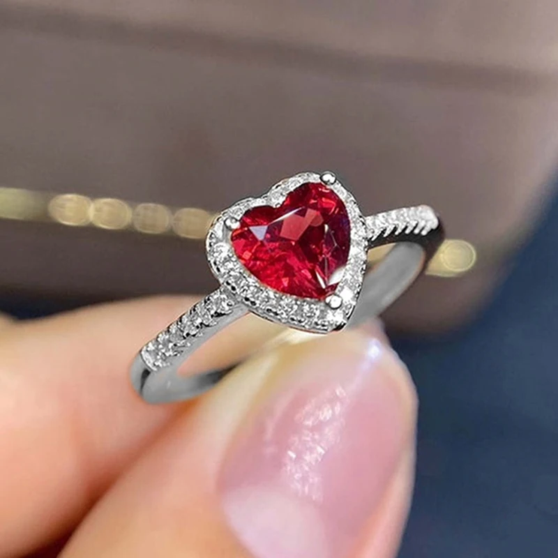 Fashion Luxury Red Crystal Heart Rings Silver Color White Red CZ Stone ...