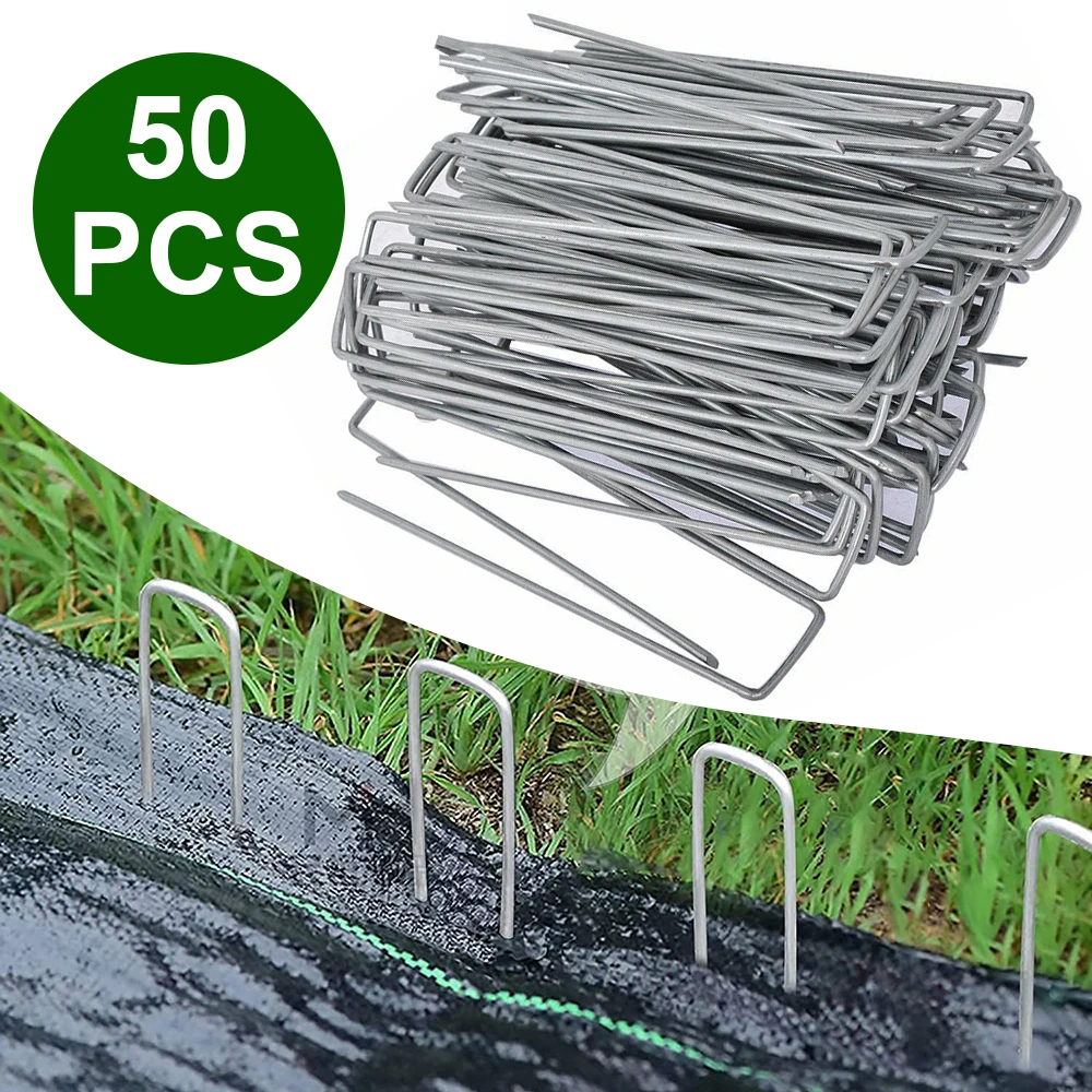 50pcs-U-shaped-Metal-Garden-Stakes-Galvanized-Landscape-Spikes-Turf ...