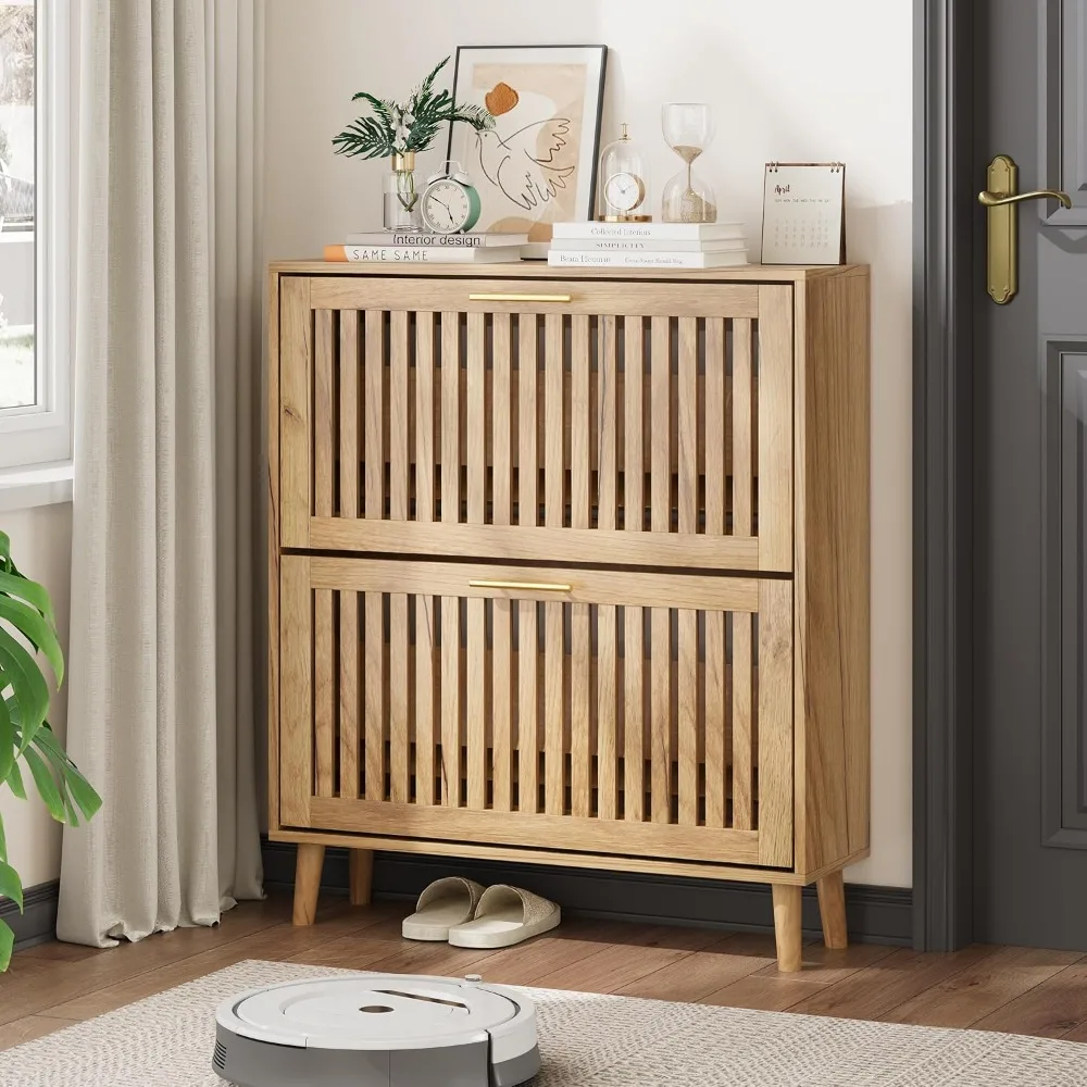 Shoe Storage Cabinet with Louvered 2 Flip Drawers, Narrow Shoe Cabinet ...