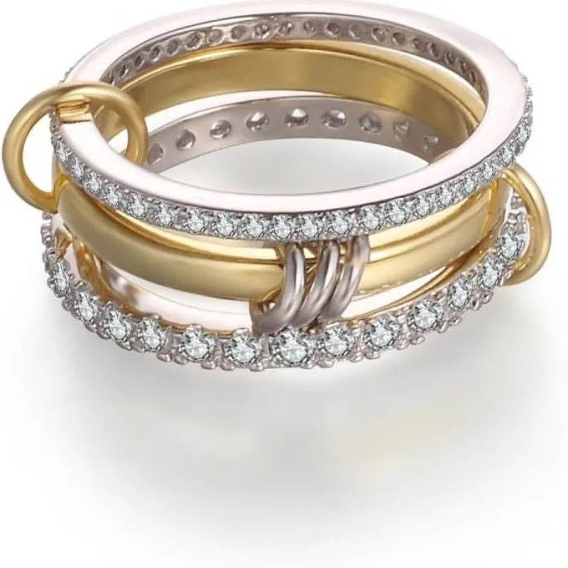 Stainless Steel Interlocking Rings with Full Zircon Two-color Design ...