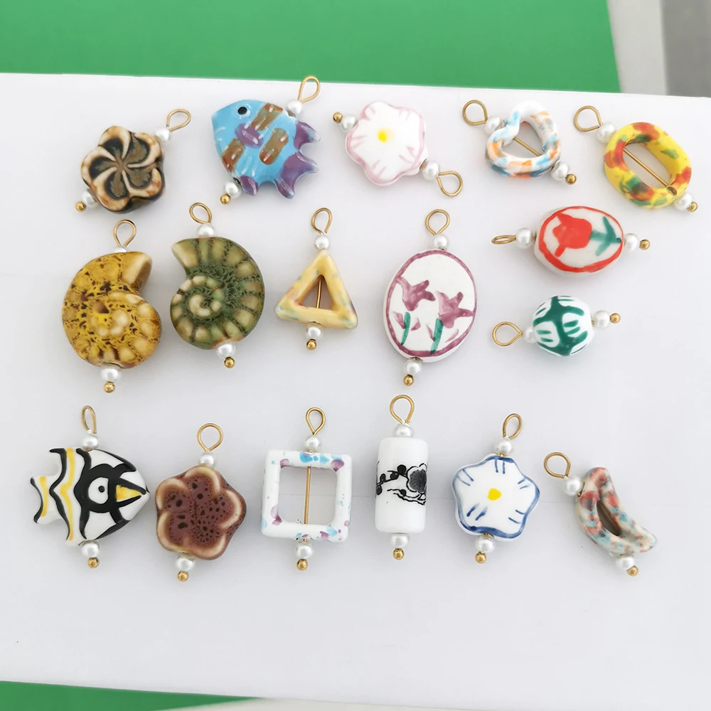 QMHJE Ceramics Pendant Charm Fish Heart Flower Conch Moon Square Tulips ...