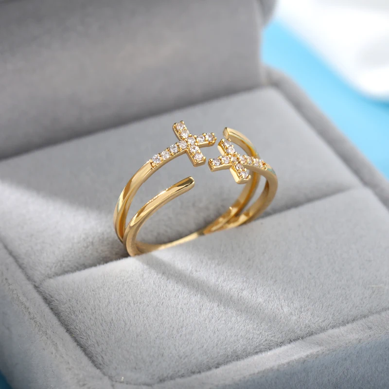 Zircon Double Cross Rings For Woman Stainless Steel Gold Color Shiny ...