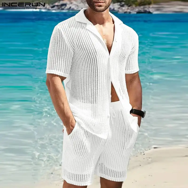 INCERUN-Conjunto-de-camisa-e-shorts-de-manga-curta-masculina-lapela-cor ...