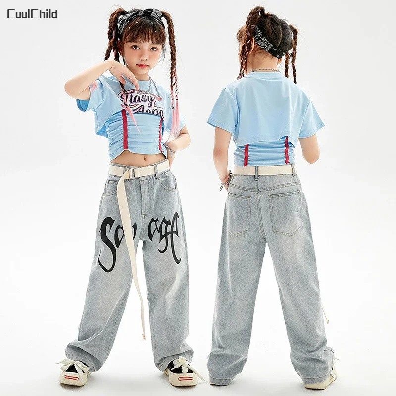 Hip-Hop-Girls-Faux-Two-Piece-T-shirt-Street-Dance-Jeans-Children ...