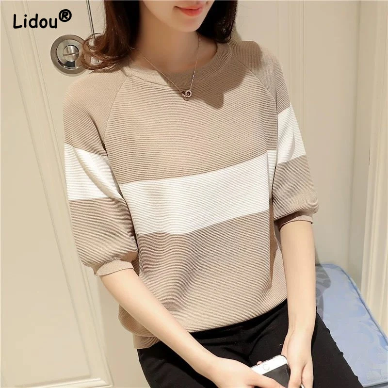 Patchwork Vintage O Neck Loose Women's Clothing Slight Strech Spring ...