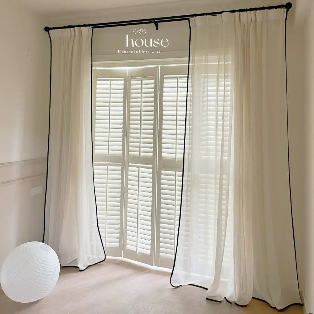 French Black Edges Screen Curtains with Valance Janpanese Simple White ...