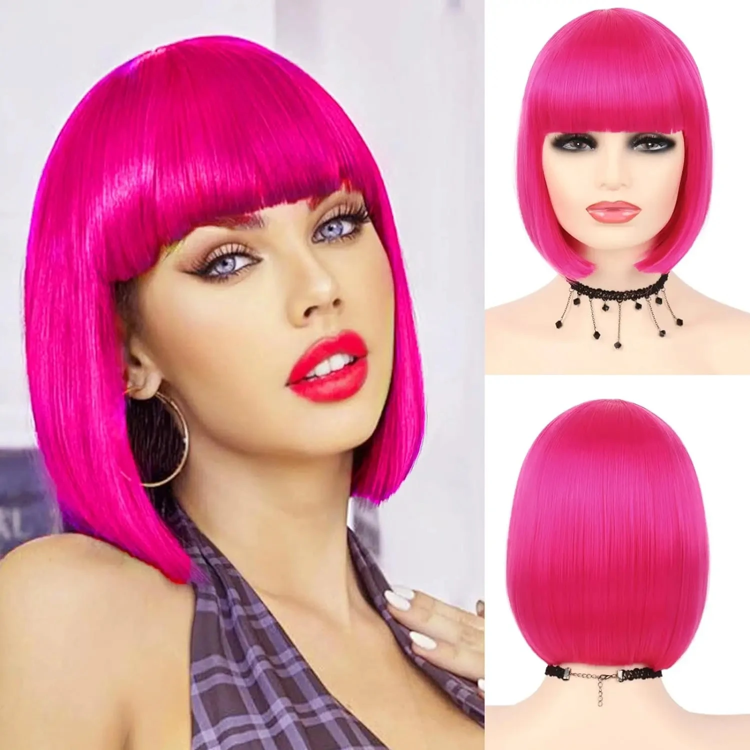Synthetic Wig Pink Blonde Short Bob Machine Made Bangs for Women Girl ...