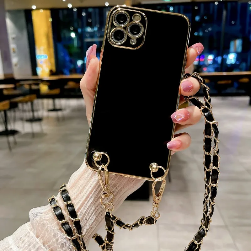 Crossbody Lanyard PU Leather Metal Chain Cover with Strap Plating Case ...
