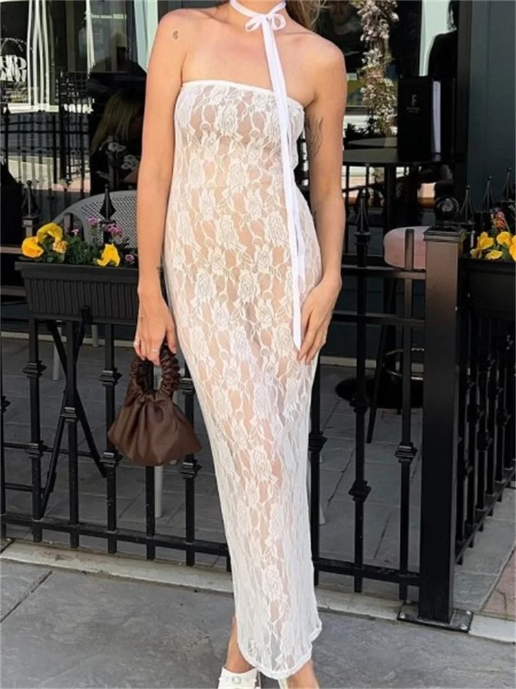Chronstyle Women Tube Long Dresses Lace Mesh See Through Strapless Off