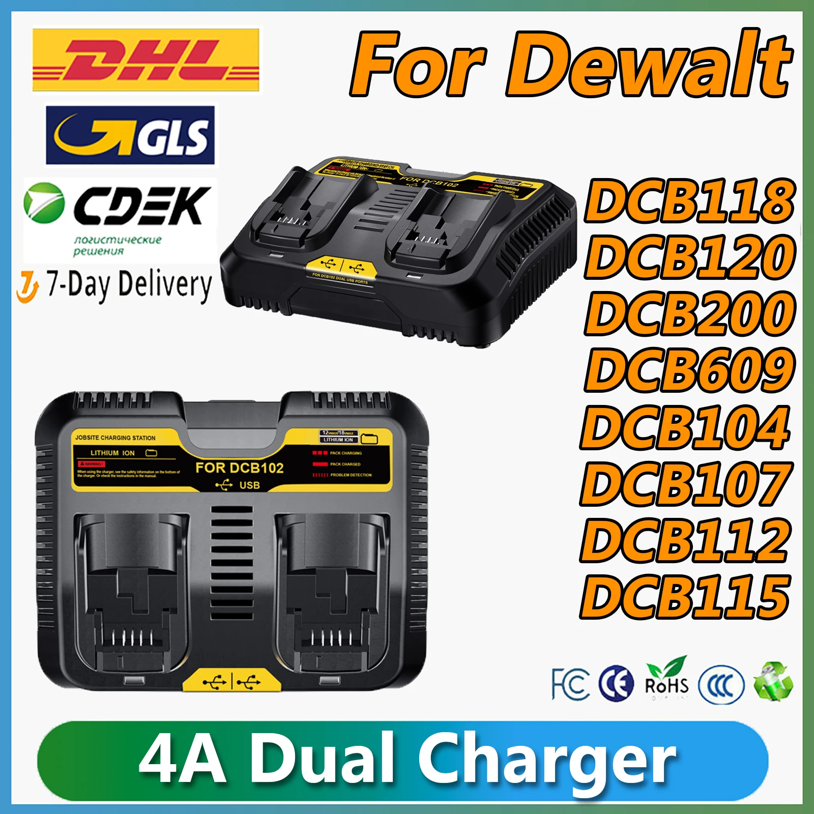For-Dewalt-DCB200-Battery-Dual-Charger-4A-For-DCB609-DCB104-DCB107 ...