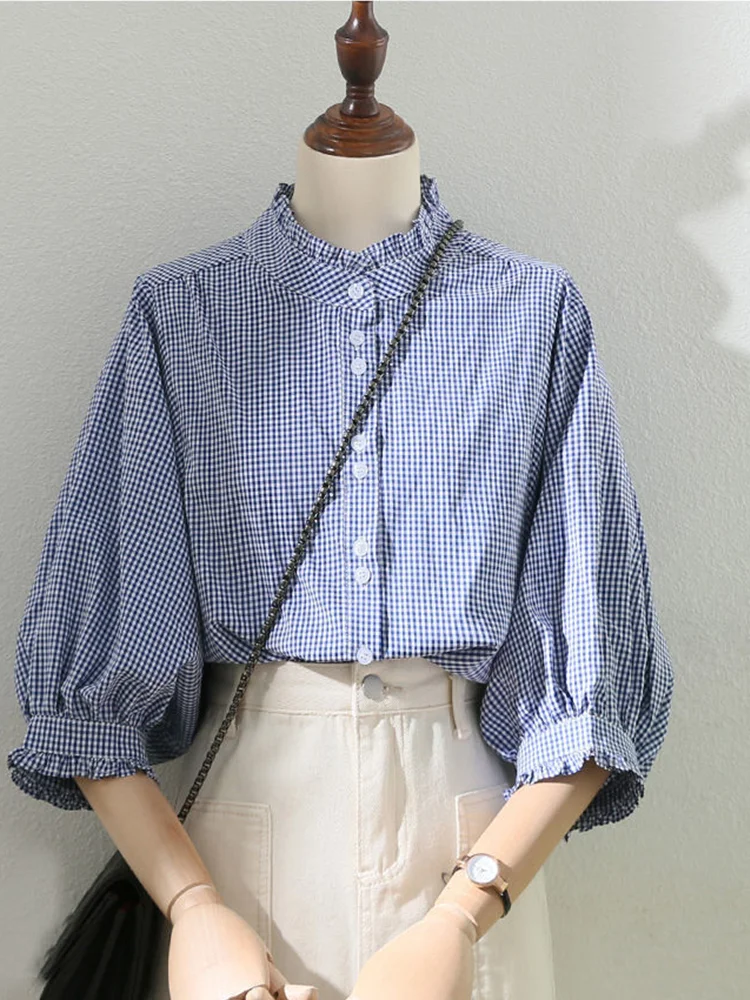 Plaid Shirt Blue Ruffles | Preppy Style Blouses Shirts | Preppy Style ...