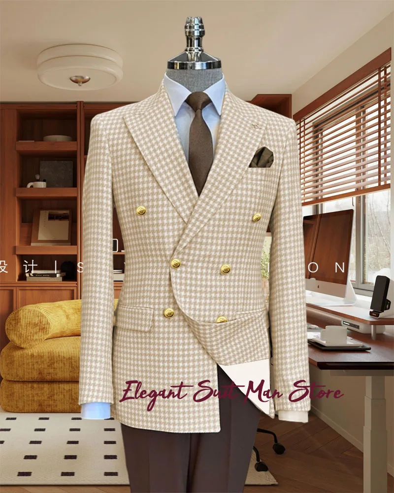 Fashion Notched Lapel Plaid Business Suit Jacket Double Breasted Man ...