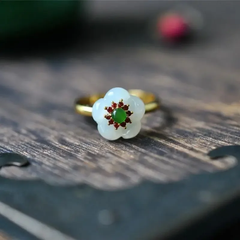 White-Jade-Flower-Rings-Real-Charm-Jewelry-925-Silver-Adjustable-Ring ...