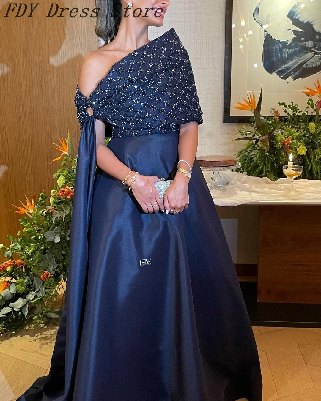 Vestidos-de-Noche-Vintage-azul-marino-oscuro-con-chal-longitud-hasta-el ...