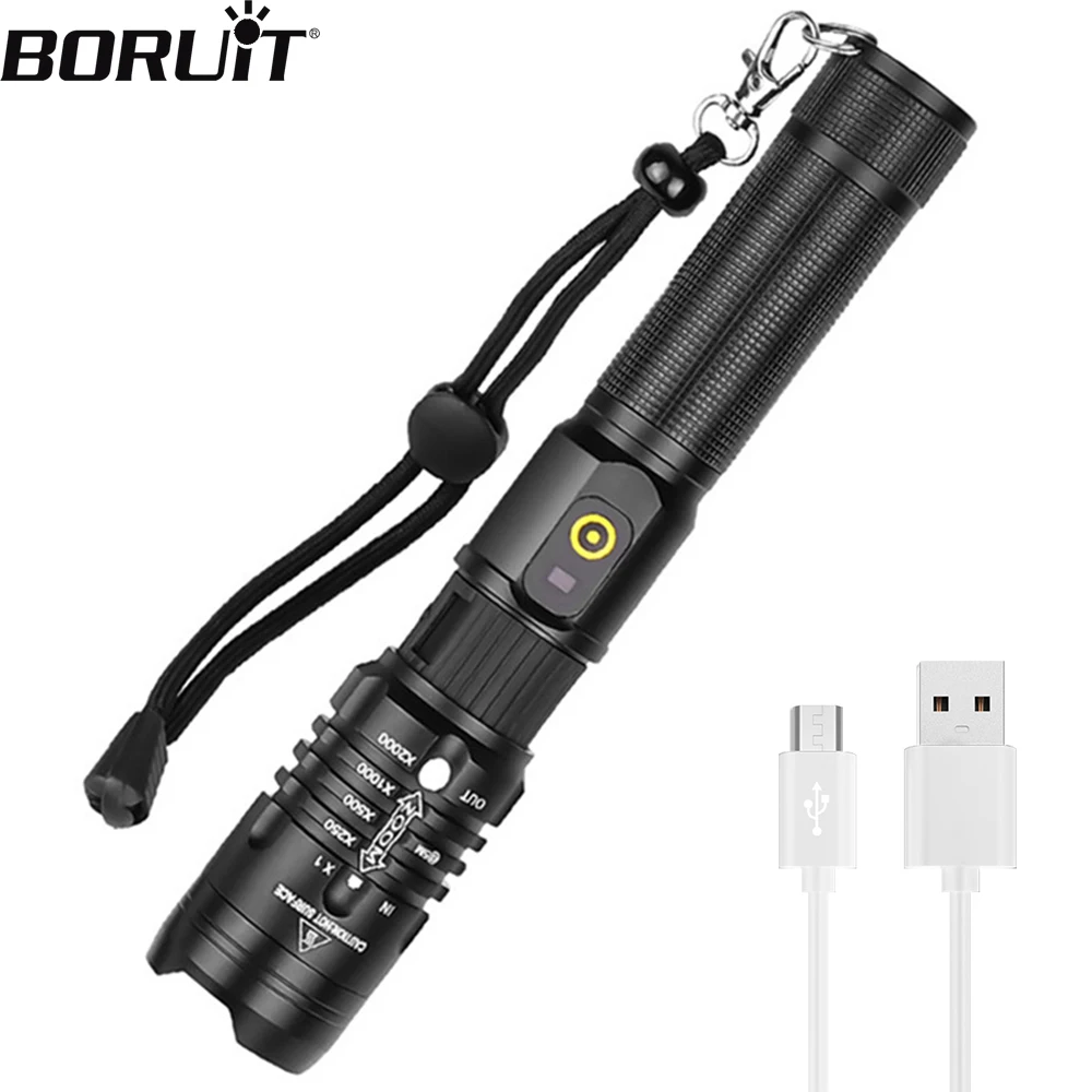 BORUiT Super Bright Zoom LED Flashlight P50 USB Rechargeable 18650 Power Bank Torch IPX4 ...