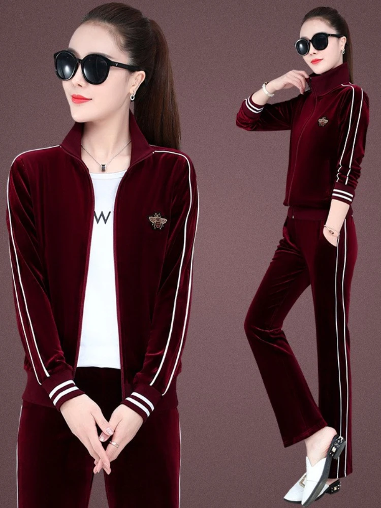 Tracksuits-Ladies-Gold-Velvet-Sports-Leisure-Suit-Women-Spring-Autumn ...