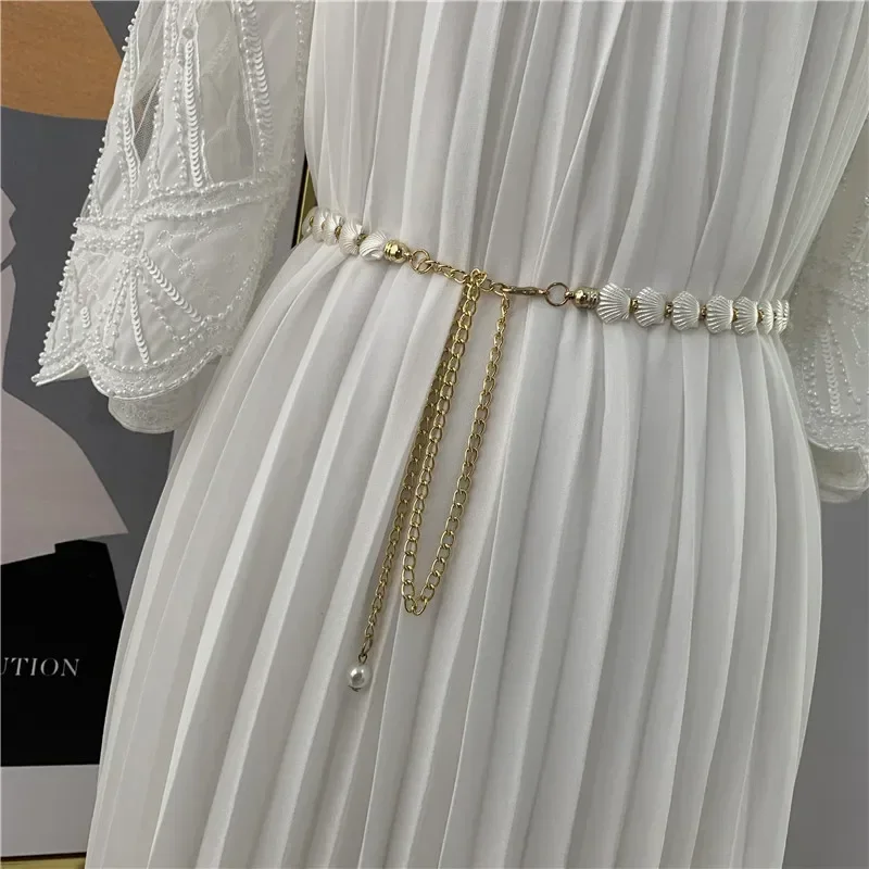 Moda feminina pérola concha corrente cinto elegante metal fino cintos ...