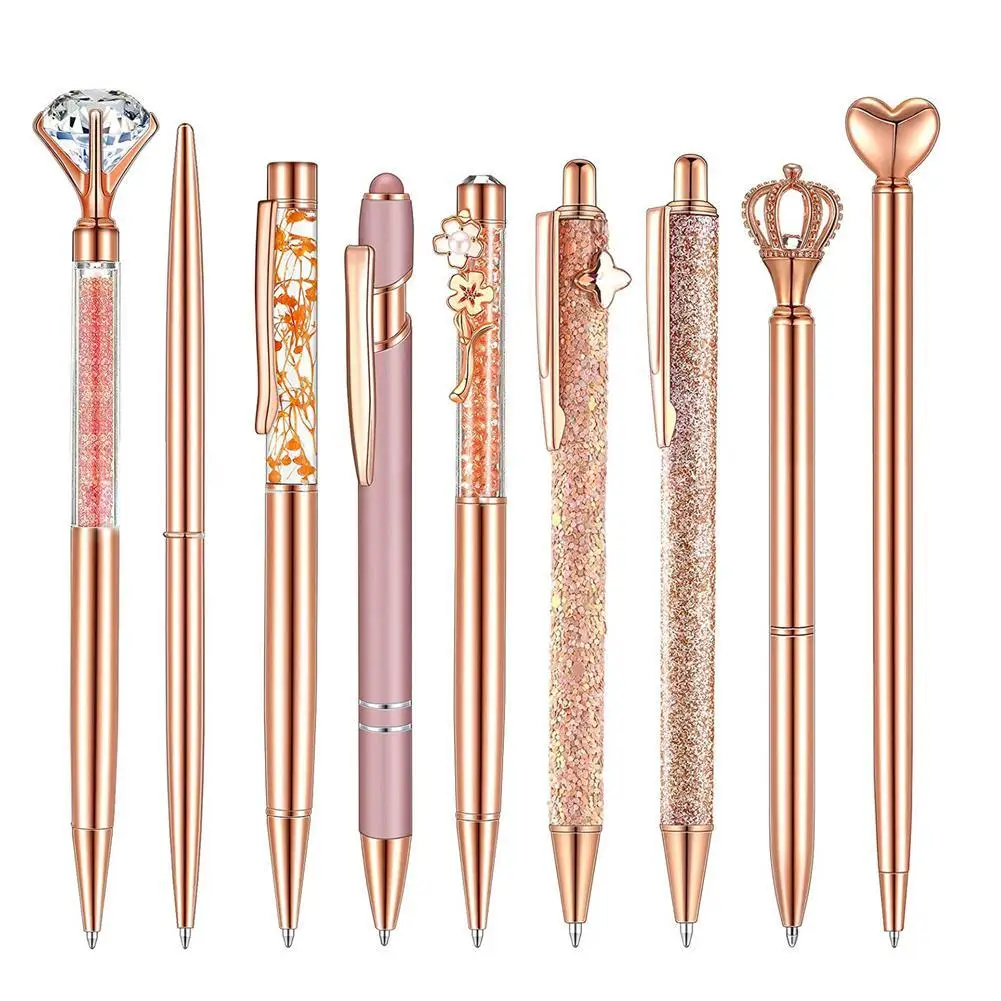 9PCS-Rose-Gold-Metal-Ballpoint-Pen-Set-Crystal-Diamond-Pen-Black-Ink ...