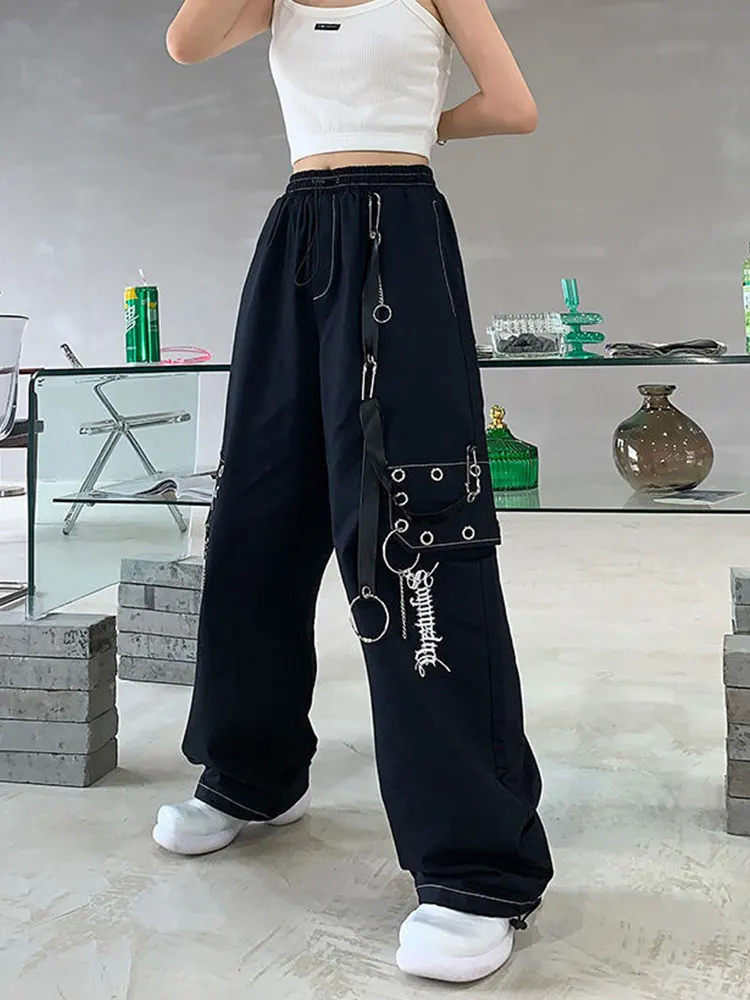 Deeptown Gótico Techwear Preto Carga Calças Mulheres Bolsos De Corrente