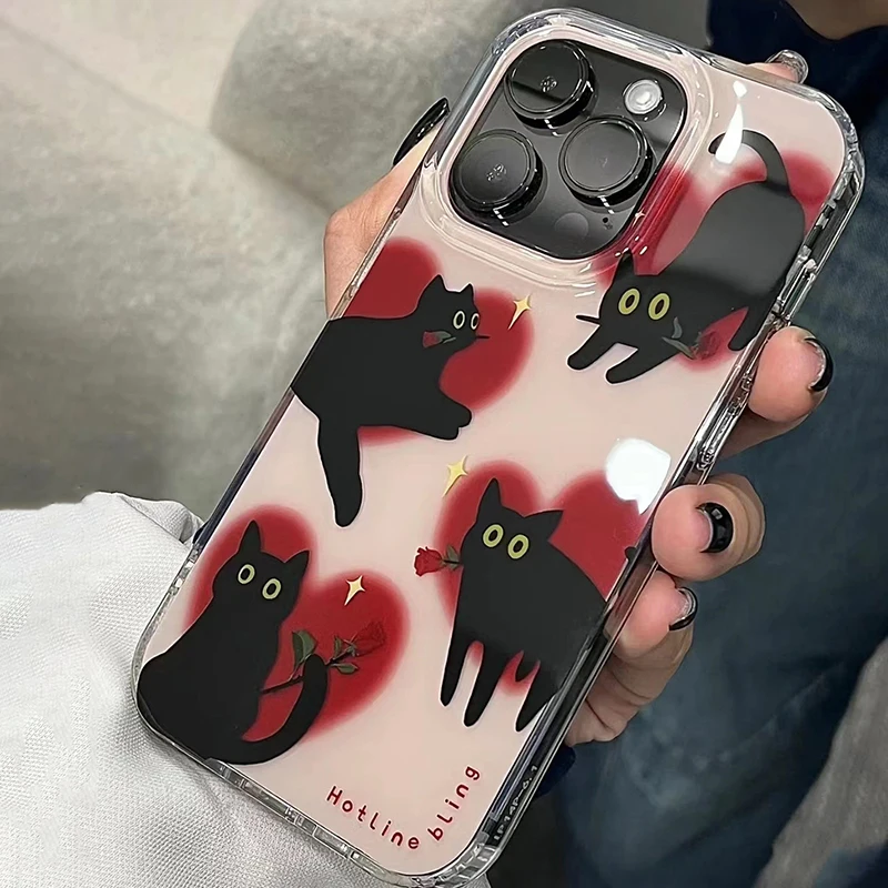 Korea Cute Cartoon Black Cat Wheat Phone Case For IPhone 15 14 13 12 11 ...
