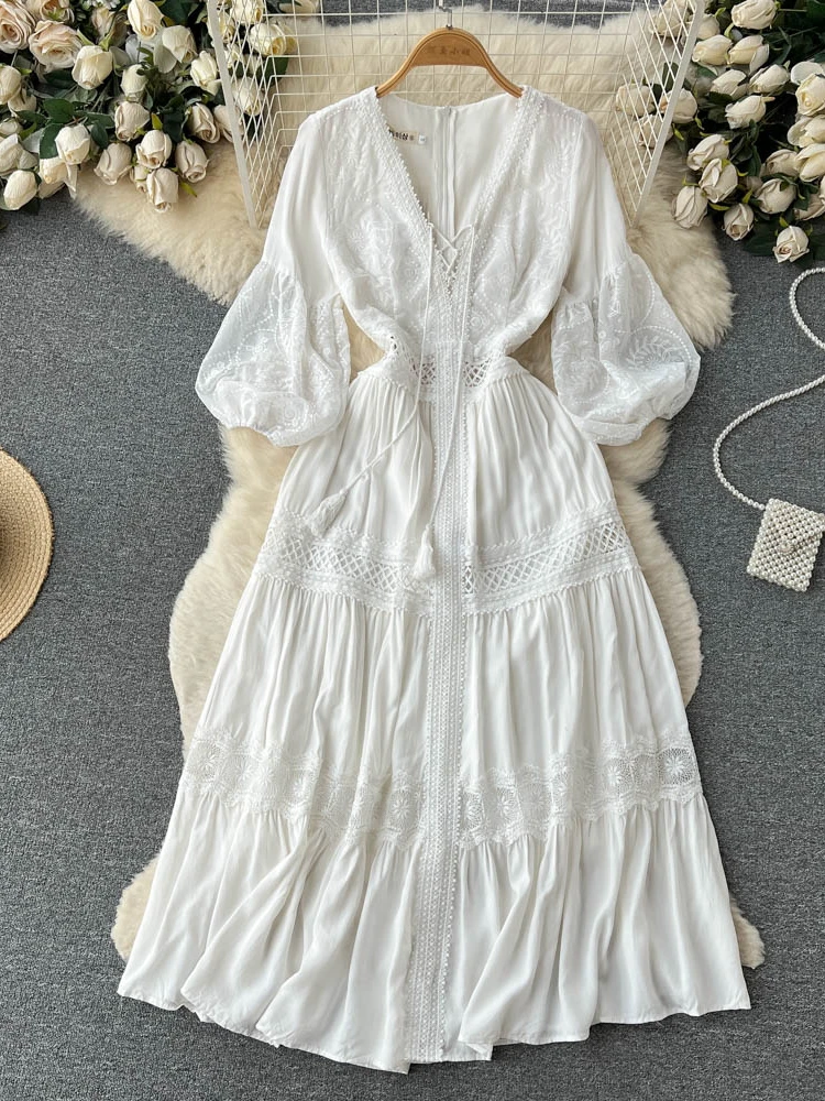 Spring-Summer-Elegant-White-Dress-Women-Fashion-V-Neck-French-Long ...