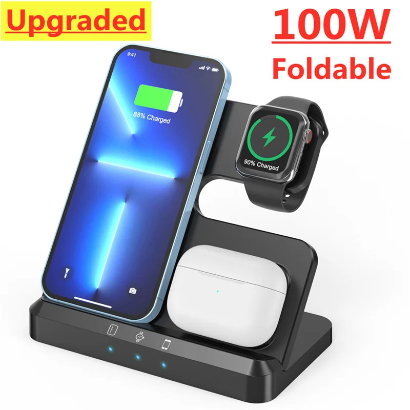 Soporte de cargador inalámbrico 3 en 1 de 100W, estación de carga rápida Qi para iPhone 14, 13 ...
