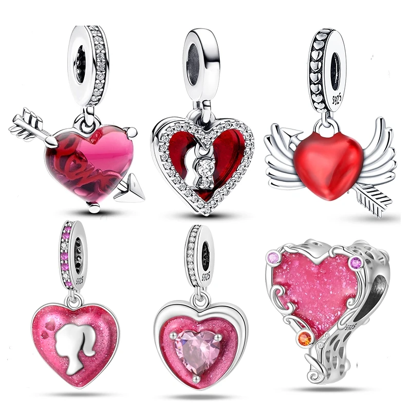 New-in-925-Sterling-Silver-Red-Color-Series-Heart-Shaped-Charm-Beaded ...