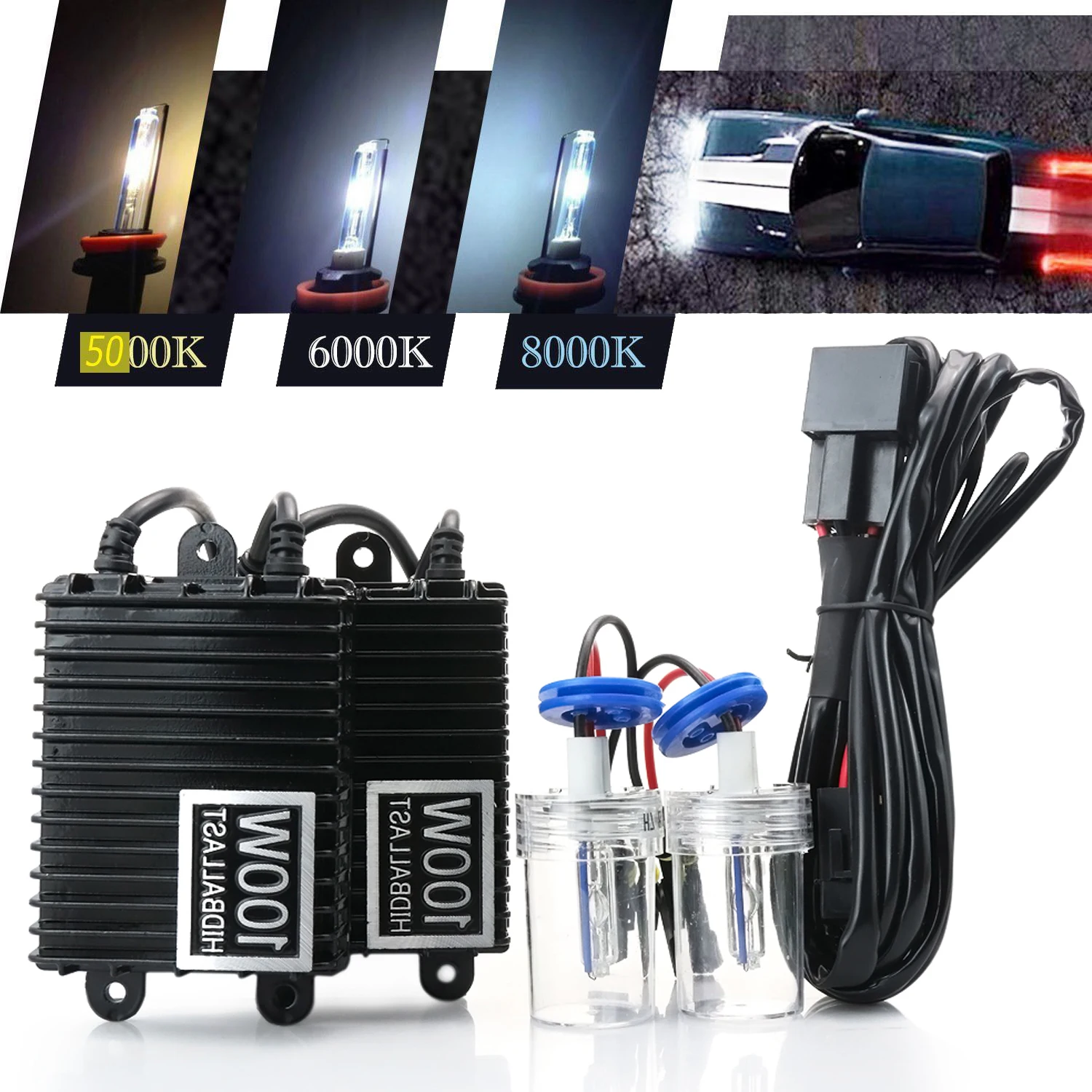 Xenon Ballast Kit AC12V 100W High Power HID Xenon Headlight Bulb H1 H3 H7 Xenon Hid Kit 4300k ...