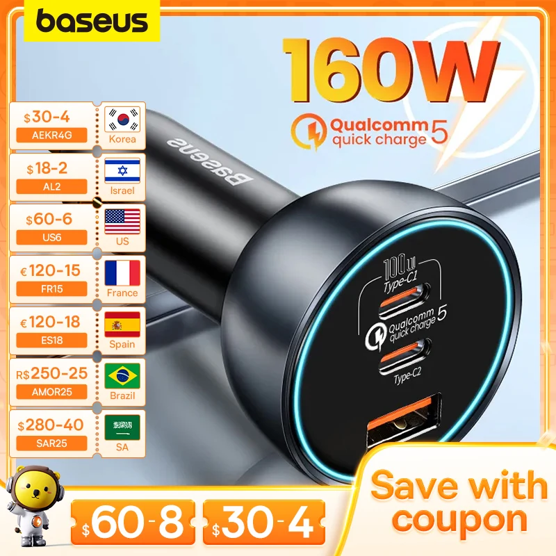 Baseus 160w Car Charger Qc 5.0 Fast Charging For Iphone 13 12 Pro Usb ...