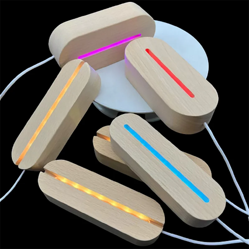 Wooden Led Lamp Base Beech Strip USB Cable Switch Night Light 3D Led ...